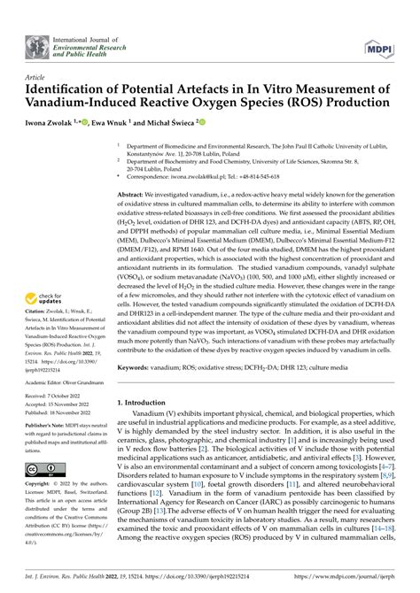 Pdf Identification Of Potential Artefacts In In Vitro Measurement Of Vanadium Induced Reactive