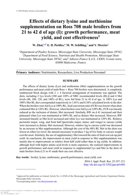 Pdf Effects Of Dietary Lysine And Methionine Supplementation On Ross 708 Male Broilers From 21