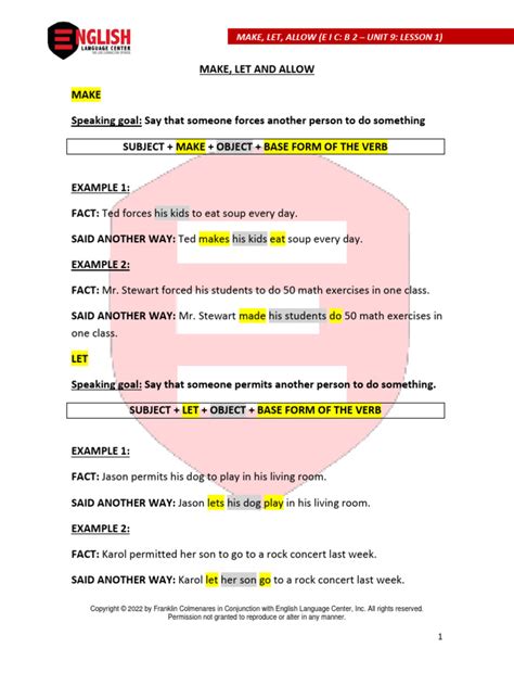 Make Let Allow Unit 9 Lesson 1 Pdf Verb Grammar
