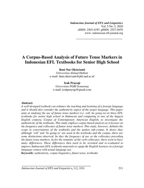 Pdf A Corpus Based Analysis Of Future Tense Markers In Indonesian Efl Textbooks For Senior