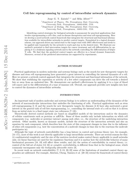 Pdf Cell Fate Reprogramming By Control Of Intracellular Network Dynamics