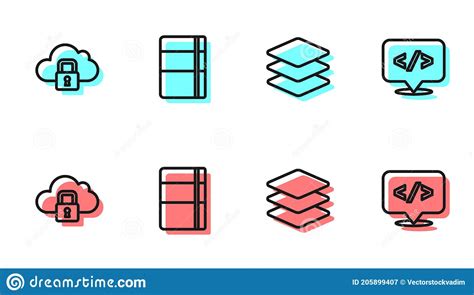 Set Line Layers Cloud Computing Lock Sketchbook Or Album And Front