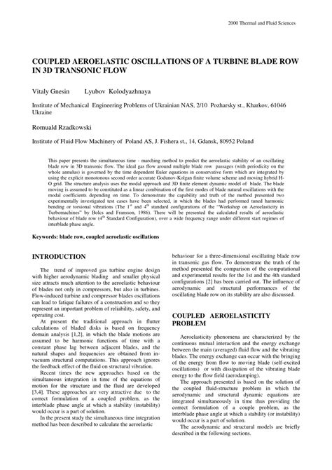 Pdf Coupled Aeroelastic Oscillations Of A Turbine Blade Row In 3d Transonic Flow
