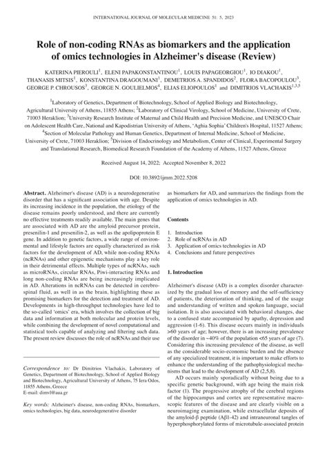Pdf Role Of Non‑coding Rnas As Biomarkers And The Application Of Omics Technologies In