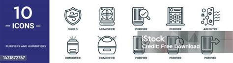 청정기 및 가습기 개요 아이콘 세트에는 얇은 선 방패 정화기 공기 필터 가습기 청정기 청정기 보고서 프리젠 테이션 다이어그램 웹 디자인을위한 가습기 아이콘이 포함됩니다 0