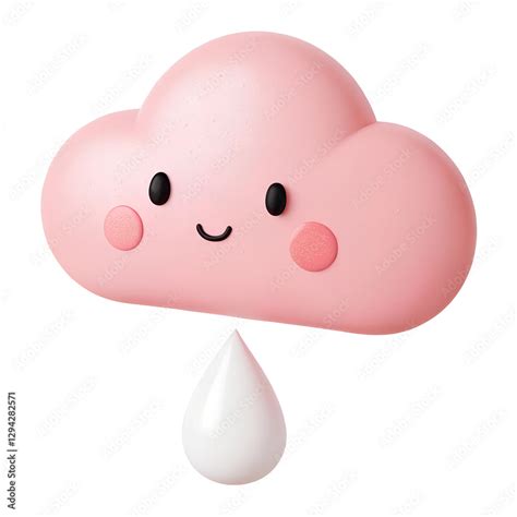 Cute Pink Cloud With A Smiling Face And A Single Raindrop On A Clean White Background Minimal