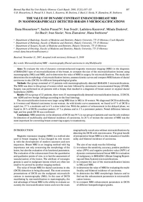 Pdf The Value Of Dynamic Contrast Enhanced Breast Mri In Mammographically Detected Bi Rads 5