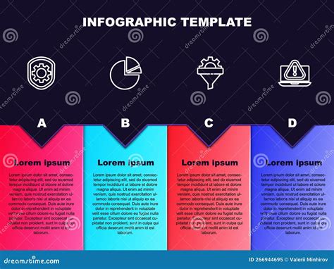 Set Line Shield With Settings Gear Pie Chart Infographic Sales Funnel And Laptop Exclamation