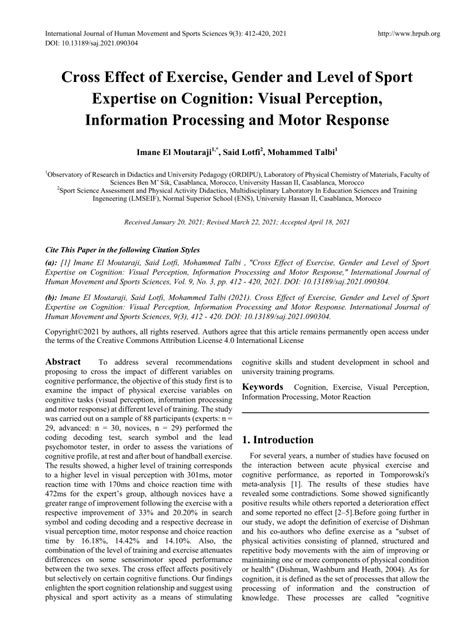 Pdf Cross Effect Of Exercise Gender And Level Of Sport Expertise On Cognition Visual