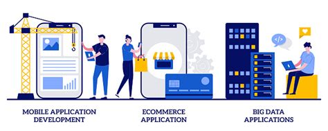 모바일 응용 프로그램 개발 전자 상거래 응용 프로그램 작은 사람들과 빅 데이터 개념 상용 소프트웨어 벡터 일러스트 레이션