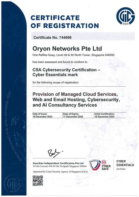 Oryon Achieves Cyber Security Agency Of Singapore Csa Singapore Cyber Essentials Certification