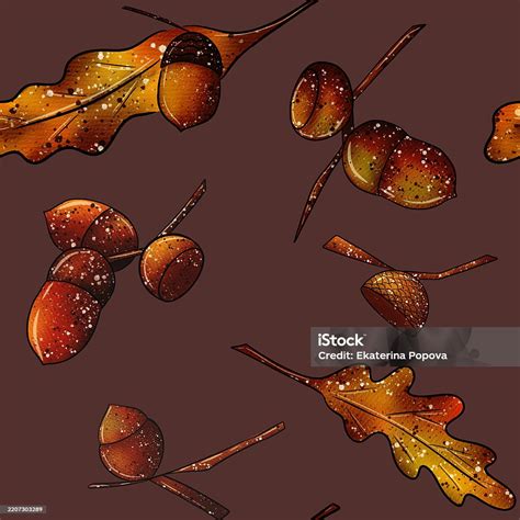아름 다운 가을 도토리와 오크 Yeallow 베이지 색 배경에 주황색과 빨간색 잎 완벽 한 패턴 수채화 디지털 일러스트레이션 직물 직물 포장지 커버 인쇄물을 위해 0명에