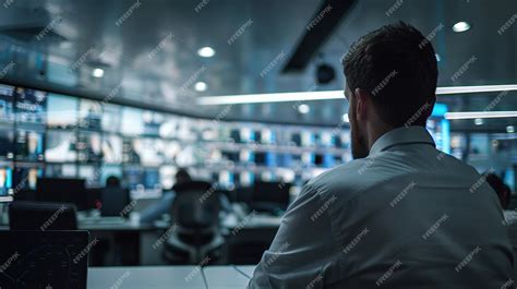A Security Officer Monitoring Multiple Cctv Feeds In A Control Room Premium Ai Generated Image