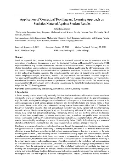 Pdf Application Of Contextual Teaching And Learning Approach On Statistics Material Against