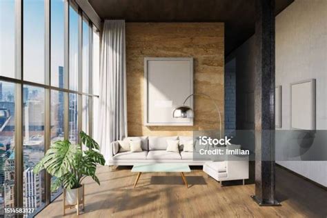 창문이 있는 호화로운 로프트 아파트 미니멀 한 인테리어 거실 디자인 3d 일러스트레이션 0명에 대한 스톡 사진 및 기타 이미지 0명 거실 건축 Istock