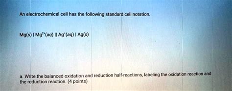 An Electrochemical Cell Has The Following Standard Cell Notation Mg S Mg 2 Aq Ag Aq