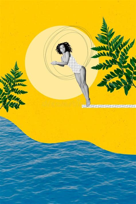 Photo Collage Artwork Of Excited Funky Lady Jumping Board Pool Water