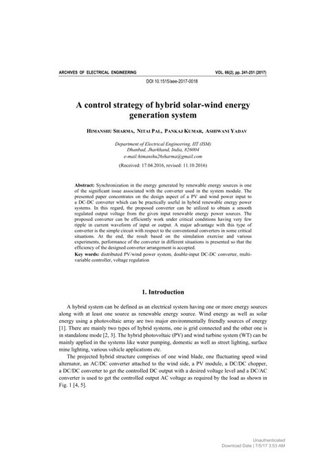 Pdf A Control Strategy Of Hybrid Solar Wind Energy Generation System