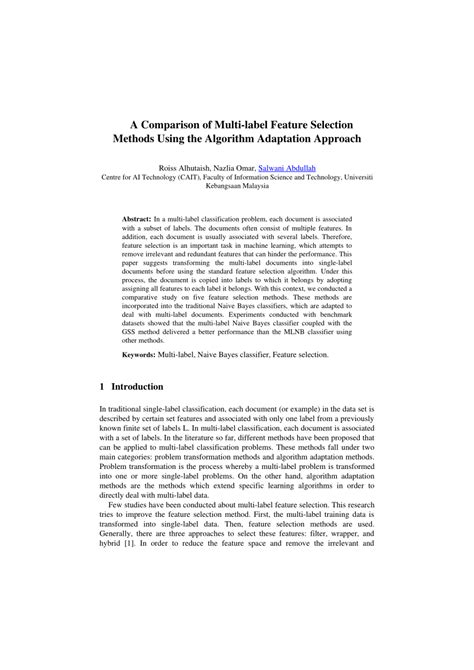 Pdf A Comparison Of Multi Label Feature Selection Methods Using The