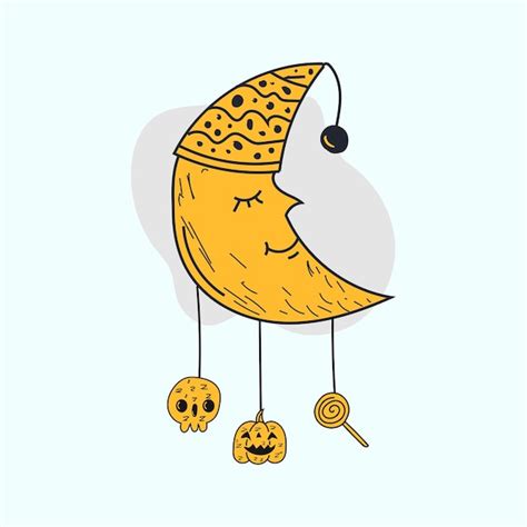 할로윈 밤 달 낙서 스타일 손으로 그린 벡터 스케치 그리기 프리미엄 벡터