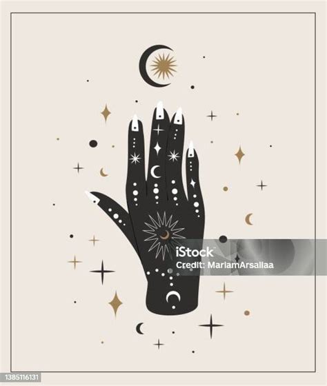태양 달 별 신성한 기하학 연금술 신비마법 천상의 부적 고립의 그려진 메헨디와 여자 손 영적 신비주의 대상 블랙 스타일로 분리된 벡터 그림 고대의에 대한 스톡 벡터 아트 및