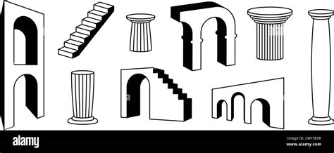 Line Arches Columns And Stair Collection Outline Surreal Greek Element Set Black Bold 3d Arc