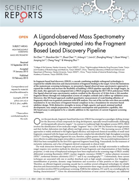 Pdf A Ligand Observed Mass Spectrometry Approach Integrated Into The Fragment Based Lead