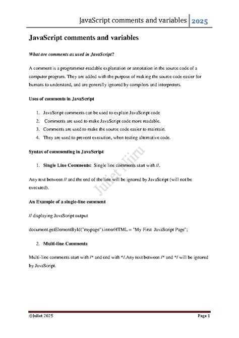 Java Script Comments And Variables Lecture Notes Javascript Comments