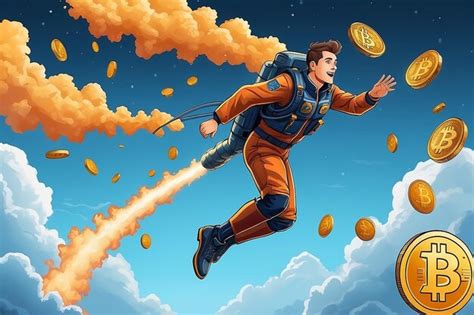 Premium Photo Bitcoin Skyrocketing Man With Jetpack Flying Upwards With Bitcoins In The Sky