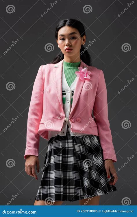 Trendy Asian Woman In Plaid Skirt Stock Image Image Of Pink Brunette