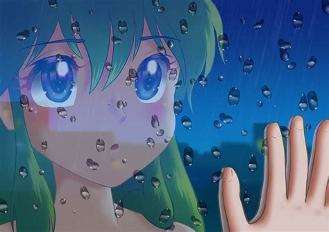 水滴のついたガラス窓越しに外を見つめるラムちゃん！ 絵を描きたい