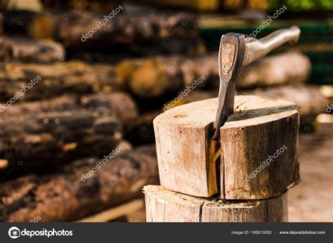 Closeup View Sticking Axe Log Sawmill Stock Photo VitalikRadko 195913000