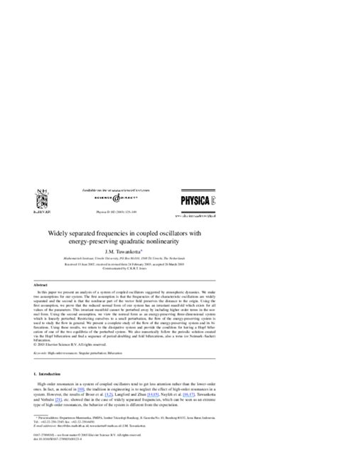 Pdf Widely Separated Frequencies In Coupled Oscillators With Energy Preserving Quadratic