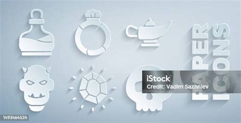 마법의 돌 램프 또는 알라딘 뿔이 달린 악마의 가면 해골 반지 보석 및 병 물약 아이콘을 설정하십시오 벡터 3차원 형태에 대한 스톡 벡터 아트 및 기타 이미지 Istock