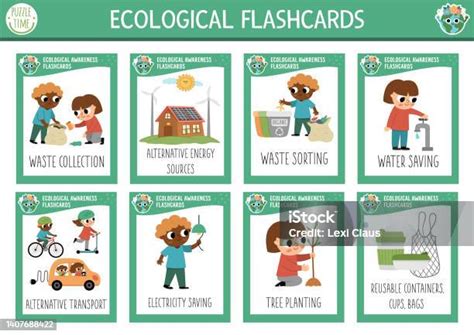 벡터 플래시 카드는 환경을 돌보는 아이들과 함께 설정됩니다 생태 영어 게임 어린이를위한 에코 인식 플래시 카드 간단한 교육 인쇄 워크 시트 지구의 날에 대한 스톡 벡터 아트
