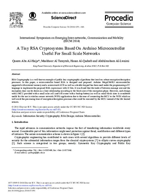 Pdf A Tiny Rsa Cryptosystem Based On Arduino Microcontroller Useful For Small Scale Networks