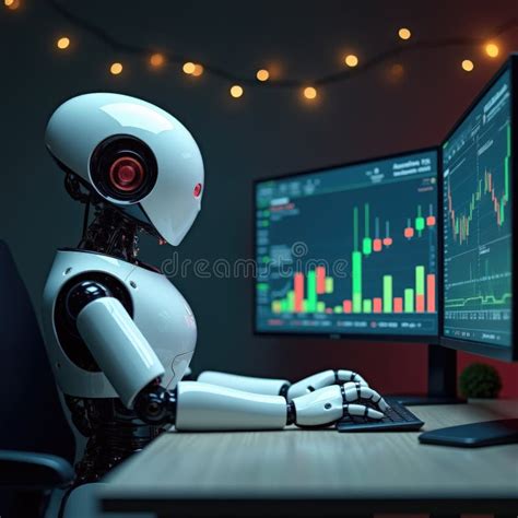Robot Analyzing Financial Data On Multiple Computer Screens In A Dimly