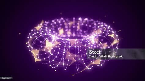 보라색 배경에 있는 미래의 동적 와이어프레임 원환체 과학적 데이터의 흐름 미래 지향적인 디지털 기술 3d 렌더링 와이어 프레임