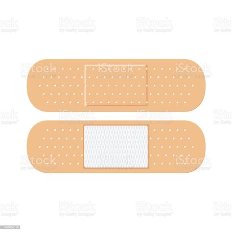 밴드 에이드는 접착제 질량이 적용되는 얇은 패브릭 스트립입니다 패치는 플라스틱 질량의 형태로 투여 형태이다 반창고에 대한 스톡 벡터 아트 및 기타 이미지 Istock