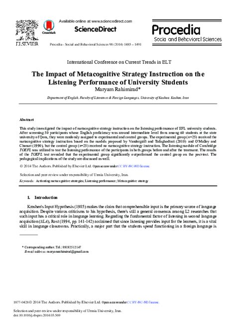 Pdf The Impact Of Metacognitive Strategy Instruction On The Listening Performance Of