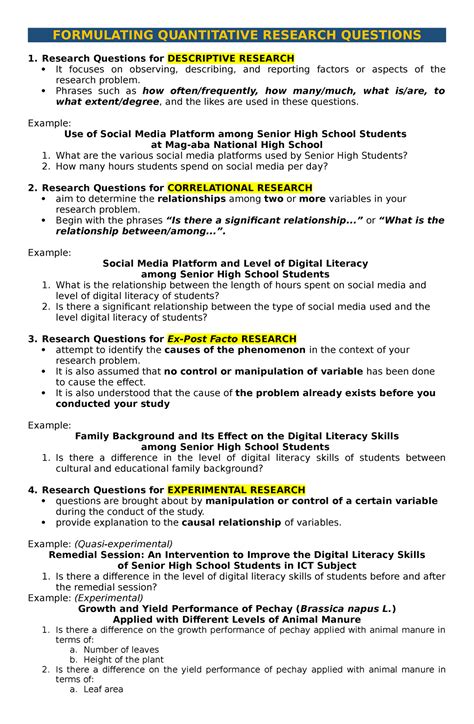 Formulating Research Questions Hand Outs FORMULATING QUANTITATIVE RESEARCH QUESTIONS Research