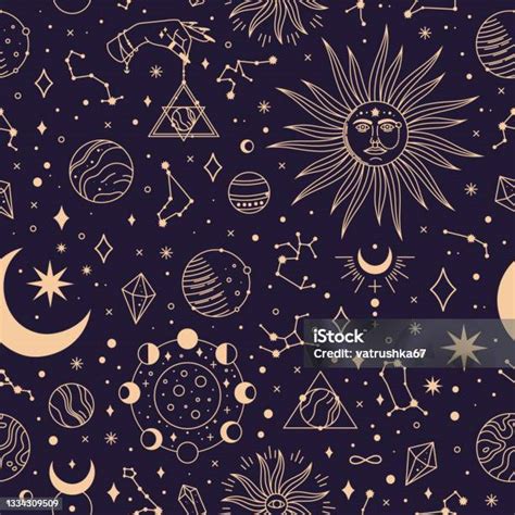 점성술의 원활한 패턴과 별자리 행성과 별 스페이스 은하 별이 빛나는 밤 직물 직물 인쇄 벡터 배경 배경 주제에 대한 스톡 벡터