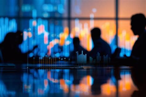 Business Meeting With Operations Benchmarking Data Displayed Against A Blurred Abstract Stock