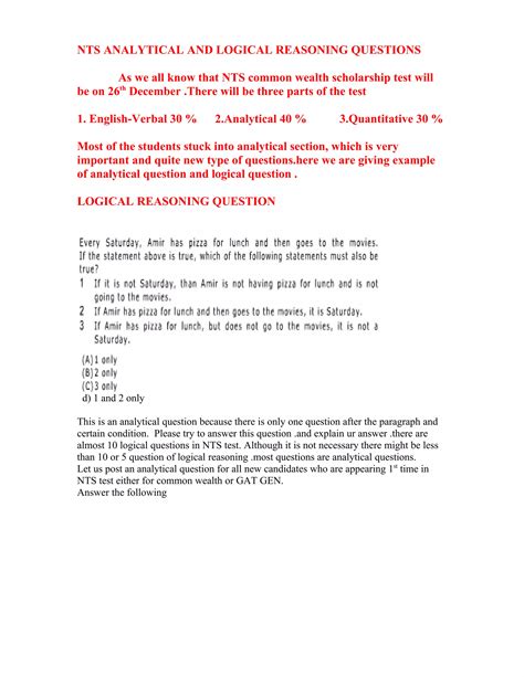 NTS ANALYTICAL REASONING QUESTION DOC