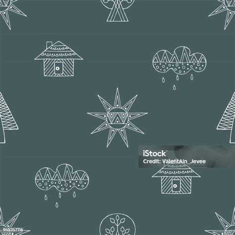 벡터 손으로 그려진된 완벽 한 패턴 장식 양식 유치 한 집 나무 태양 구름 비 선 그리기 낙서 스타일 그래픽 그림 아이가 귀여운