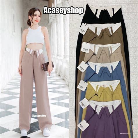 Honeyth กางเกงขายาว ขาบาน จีบหน้า ขอบเอวพับสีขาวตัดกับสีกางเกง ทรงซิปหน้า Honeyth Thaipick