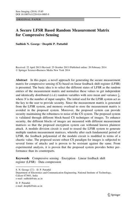 pdf a secure lfsr based random measurement matrix for compressive sensing
