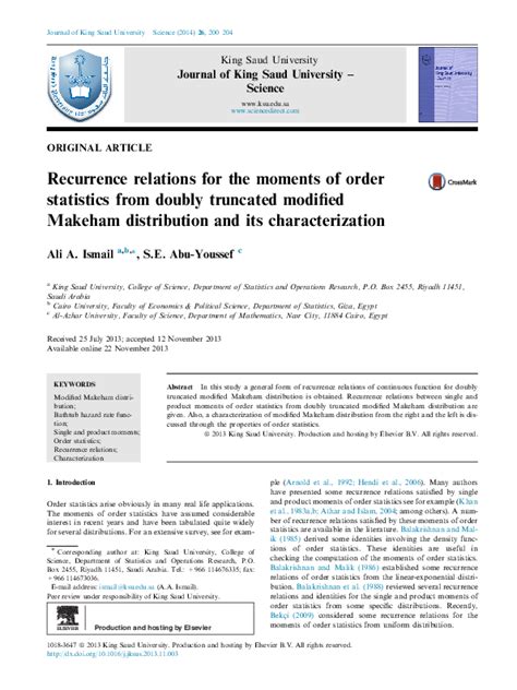Pdf Recurrence Relations For The Moments Of Order Statistics From