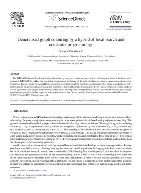 Pdf Generalised Graph Colouring By A Hybrid Of Local Search And Constraint Programming