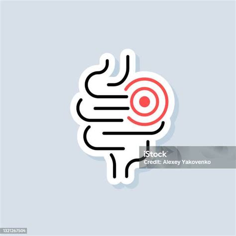 복부 팽만 스티커 건강 하지 한 소화 관 아이콘 장 염증 아이콘 복 통 변비 창 자 맹 장 염 격리된 배경의 벡터입니다 Eps